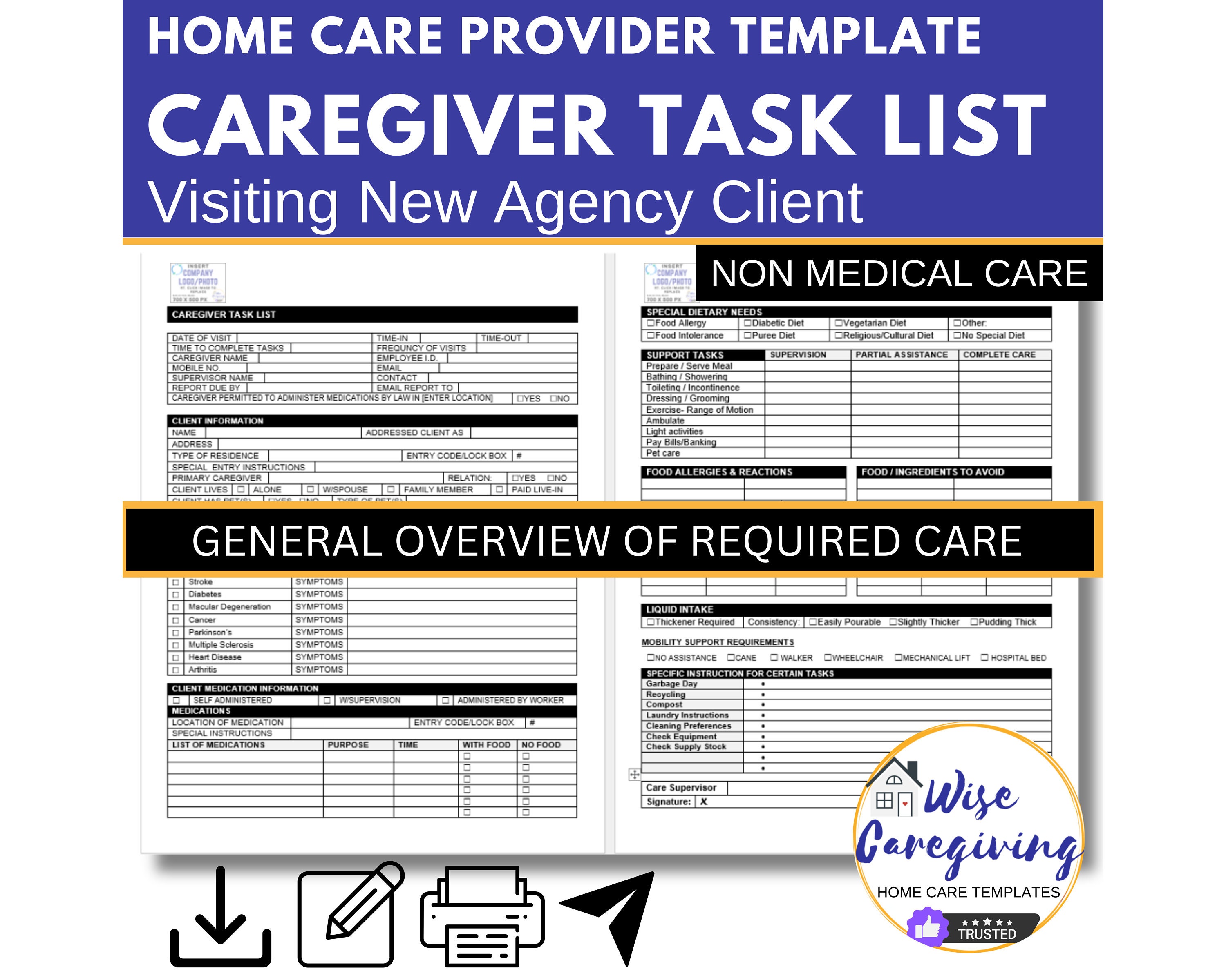 Caregiver Task List, New Home Care Client Template, Caregiving Duties ...