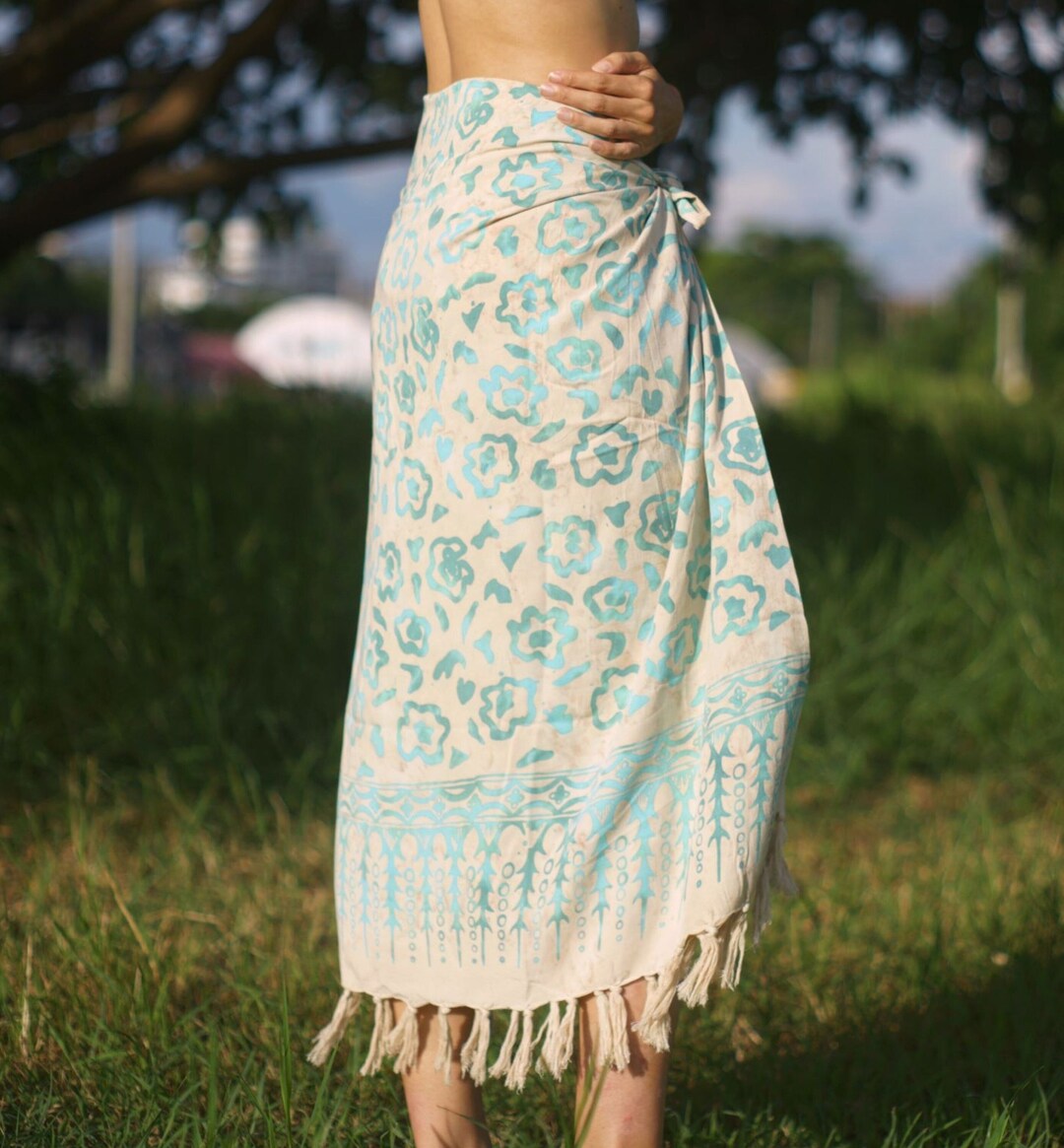 Batik Sarong Skirt for Beach - Cream & Aqua - SUMMER BLOOM - Etsy
