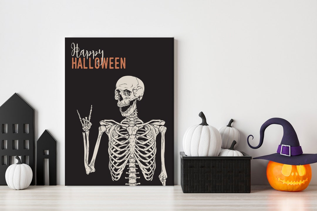 Happy Halloween Skeleton Cute Fall & October Decor, Framed Canvas ...