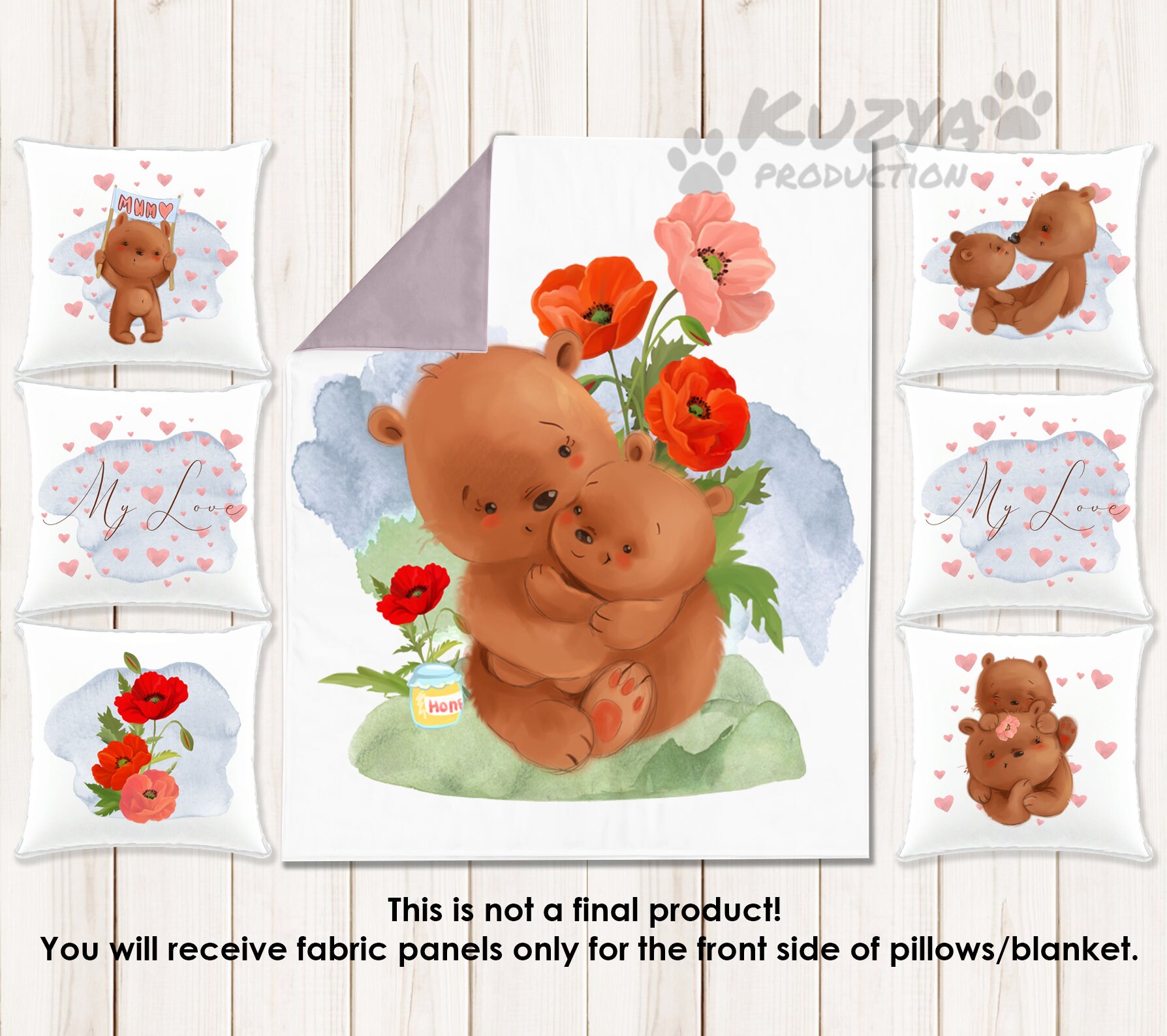 Quilting fabric panel set Cute mother bear with teddy bear. | Etsy