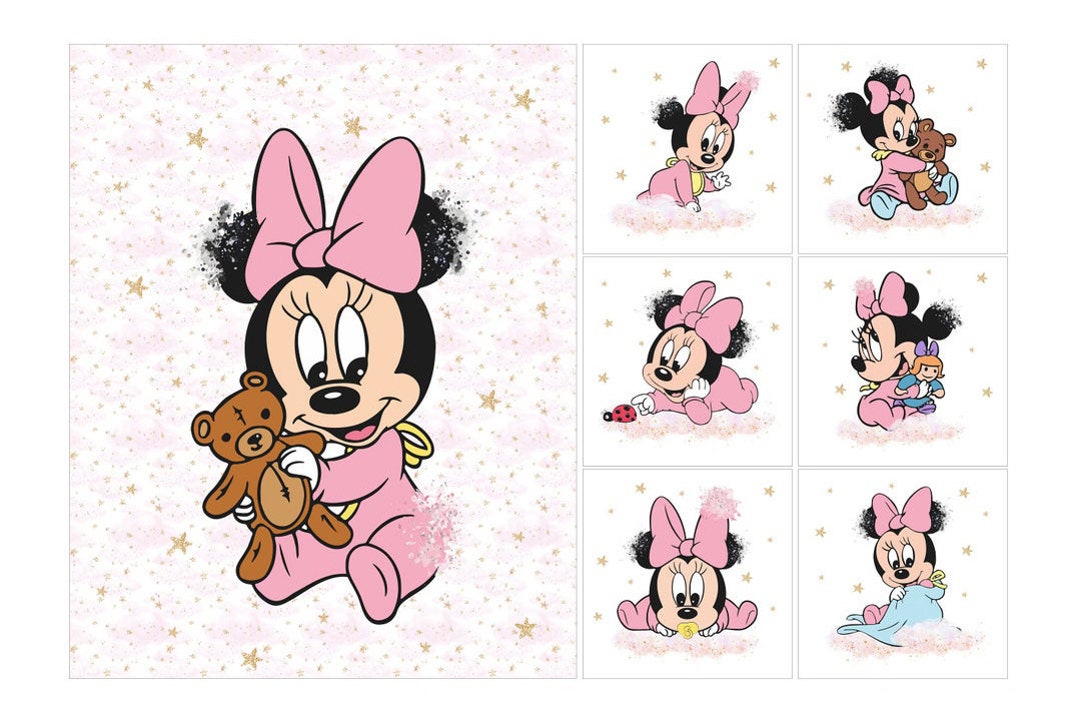 Quilting Fabric Panel Set Pink Minnie Mouse. Baby Sewing Fabric Panels ...