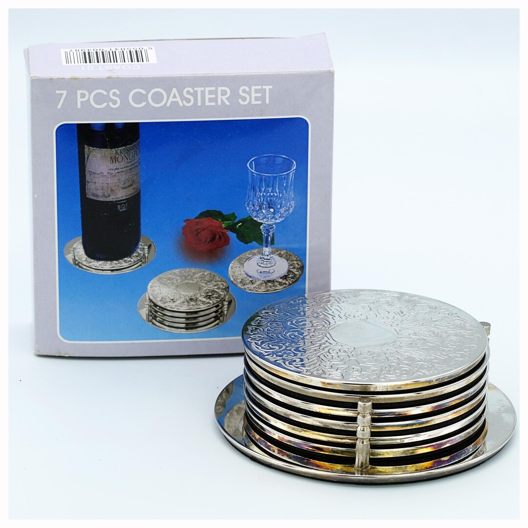 Vintage Silverplated Coaster Set 6 Plus Bottle Holder Silversmith ...