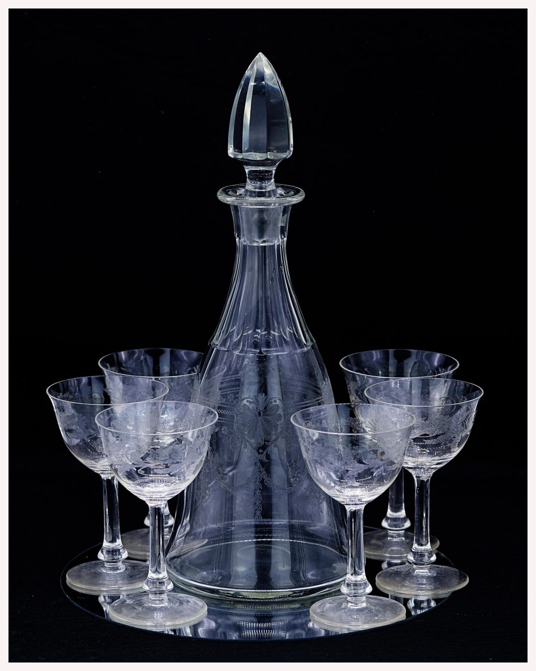 Vintage Italian Crystal Decanter & Sherry Glasses: Floral Etched ...