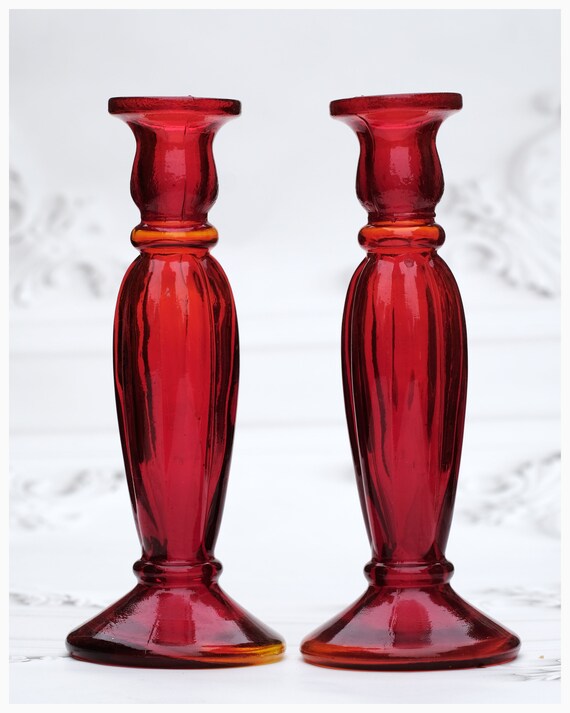 Large Ruby Glass Fluted Candlesticks Red Glass Candle - Etsy