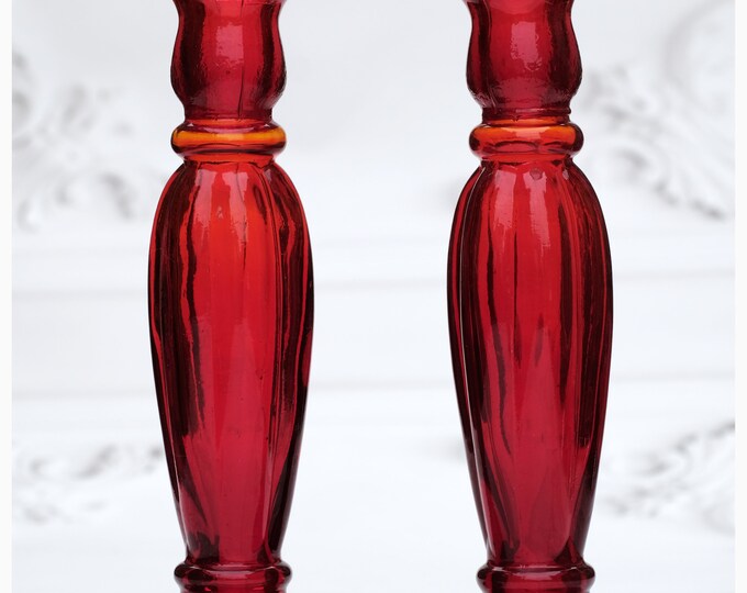 Large Ruby Glass Fluted Candlesticks, Red Glass Candle Holders ...