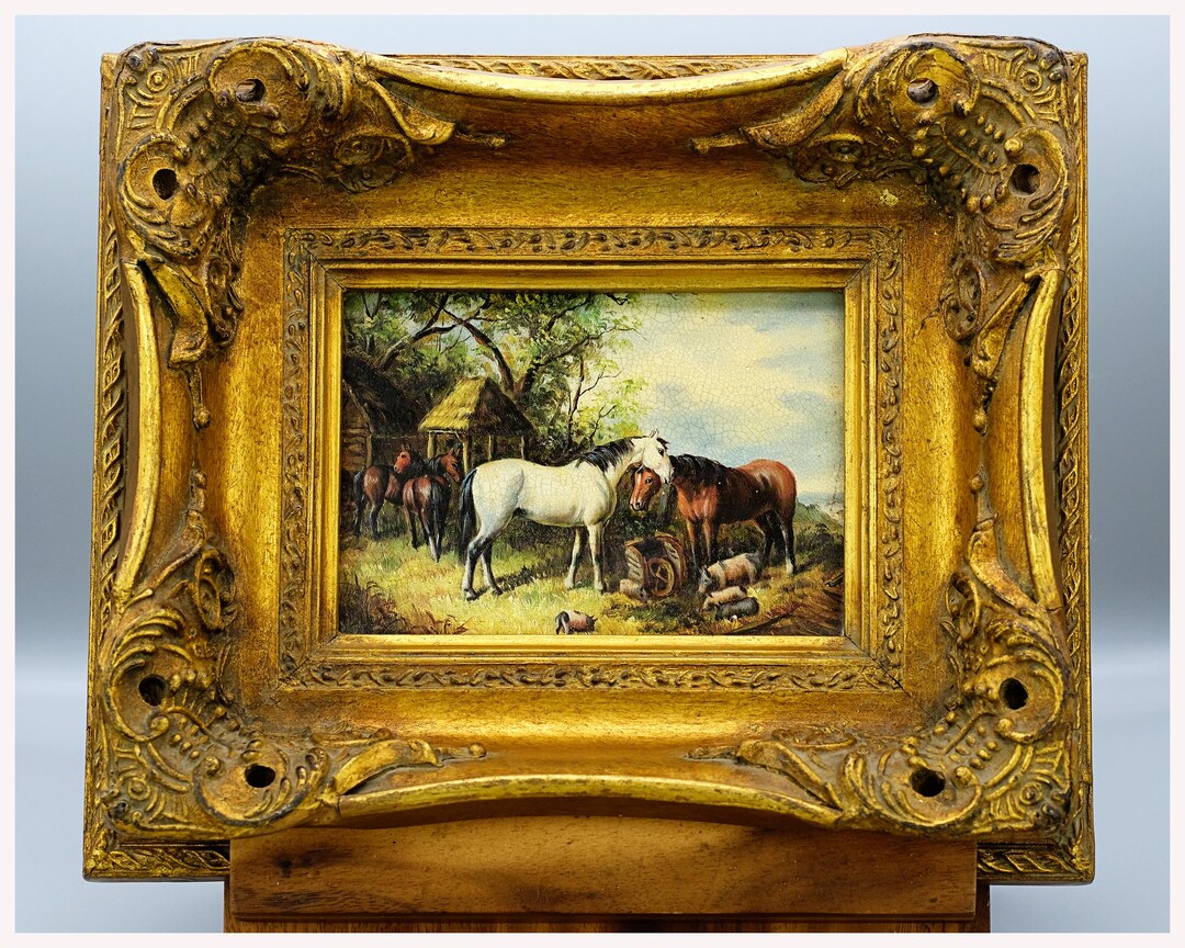 Gilt Framed Oleograph Horses & Pigs Scene, Regency Style Decor Framed ...