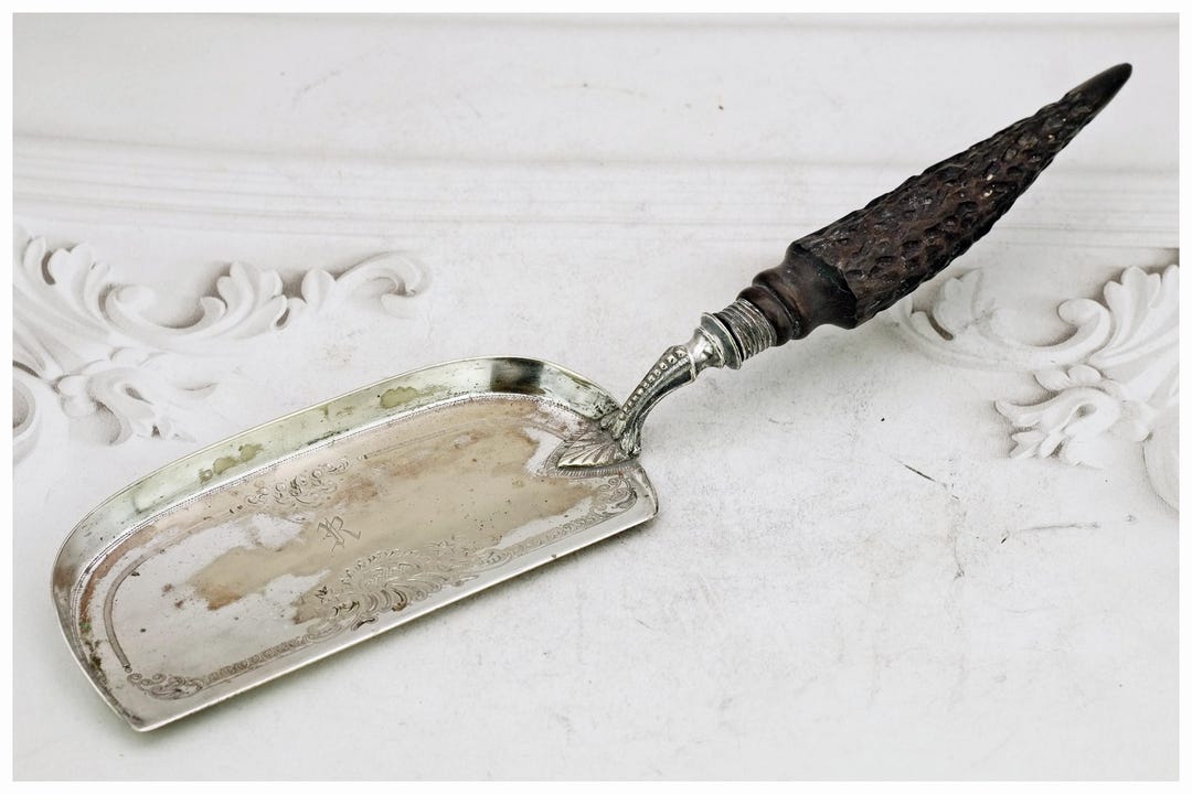 Antique Silver Plated Crumb Tray: Stag Horn Handle, Victorian Foliate ...
