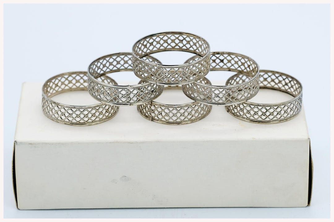 Silver Plated Set Six Filigree Napkin Rings Holders, Ornate Dining ...