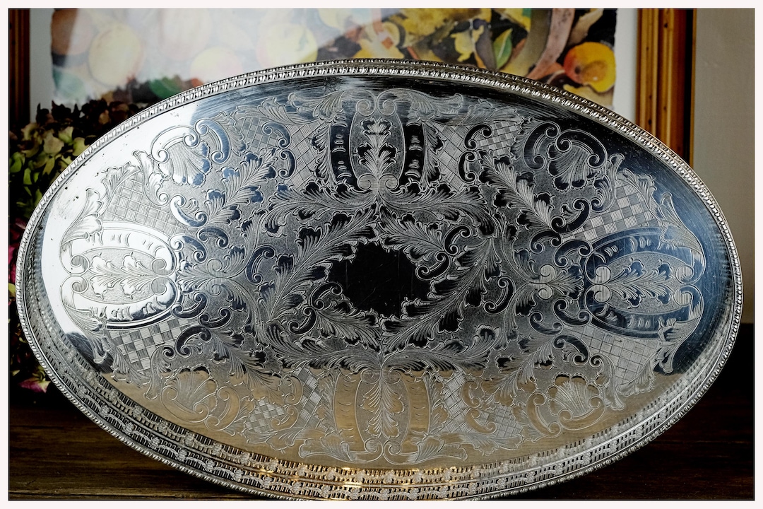 Viners Sheffield Chased Silver Plated Oval Serving Tray, Ornate Display ...