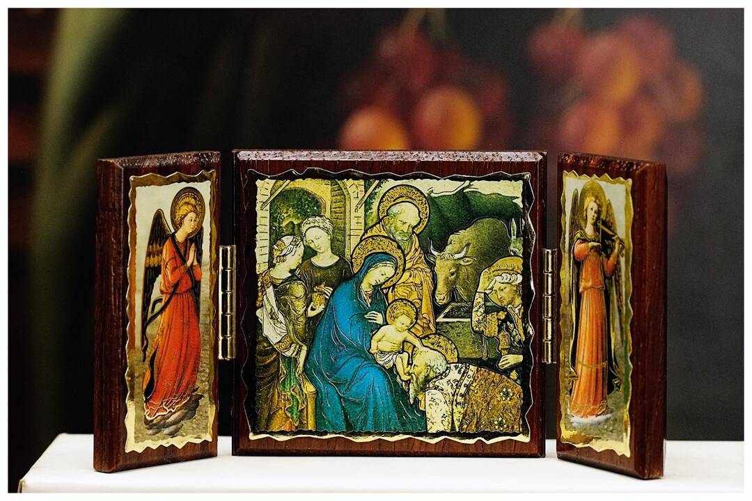 Vintage Italian Religious Icon Triptych Trifold Wooden Picure Nativity ...
