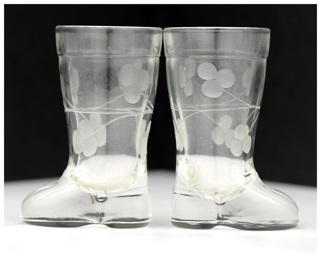 Pair of Mod Dep Glass Boot Shot Glasses Shot Measure Shamrock Etched ...