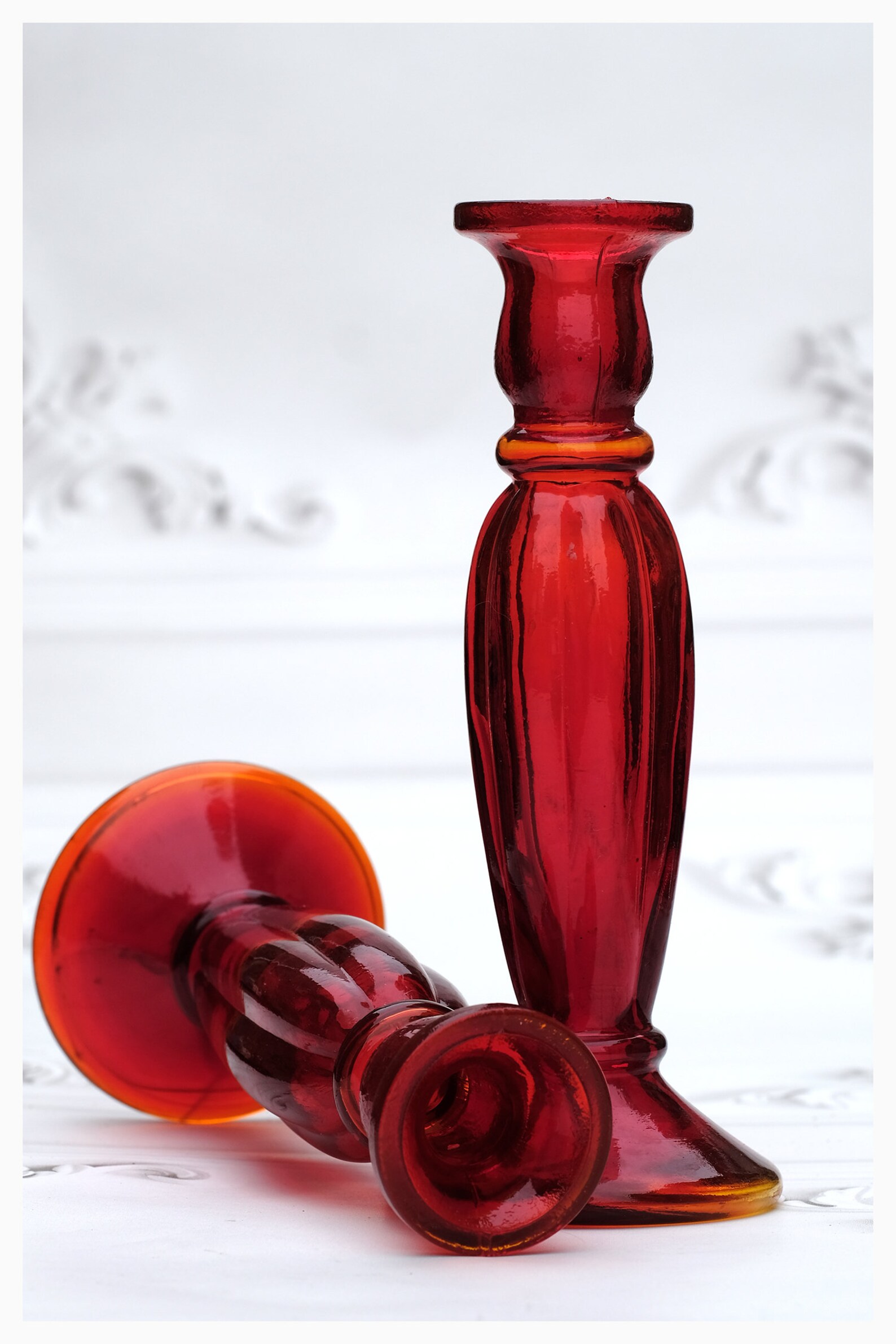 Large Ruby Glass Fluted Candlesticks, Red Glass Candle Holders ...