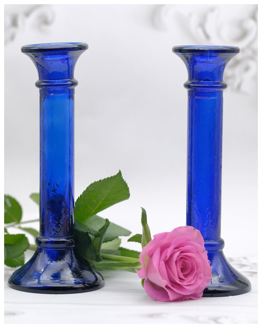 Pair Cobalt Blue Recycled Glass Candle Holders, Bud Vases, Vintage Blue ...