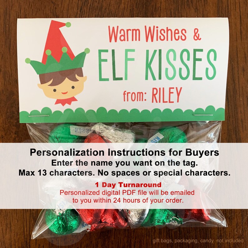 Personalized Christmas Treat Tags ELF Kisses Holiday Favor | Etsy