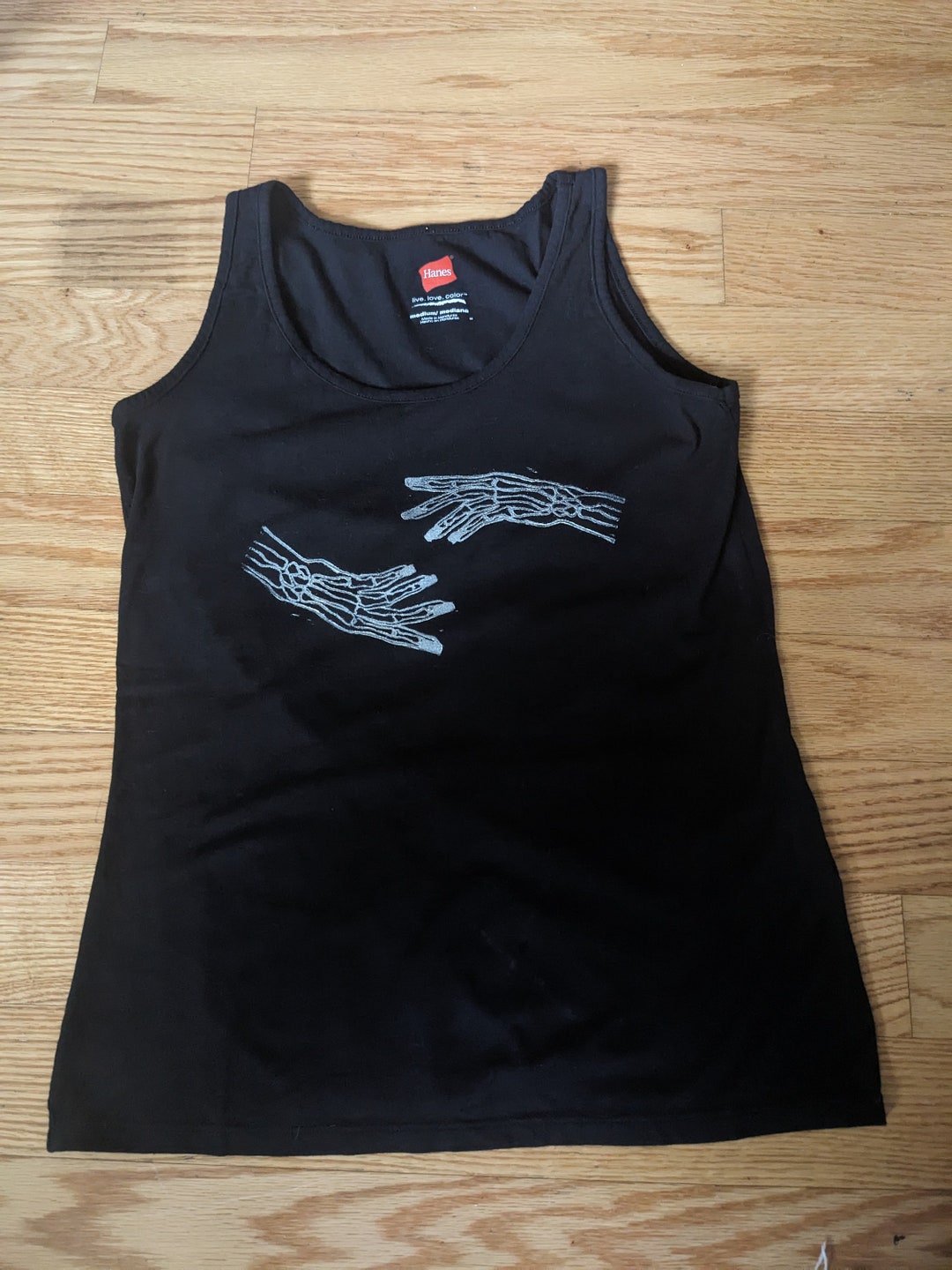 Handprinted Tank Top With Linocut Skeleton Hands Design • Thrifted T ...