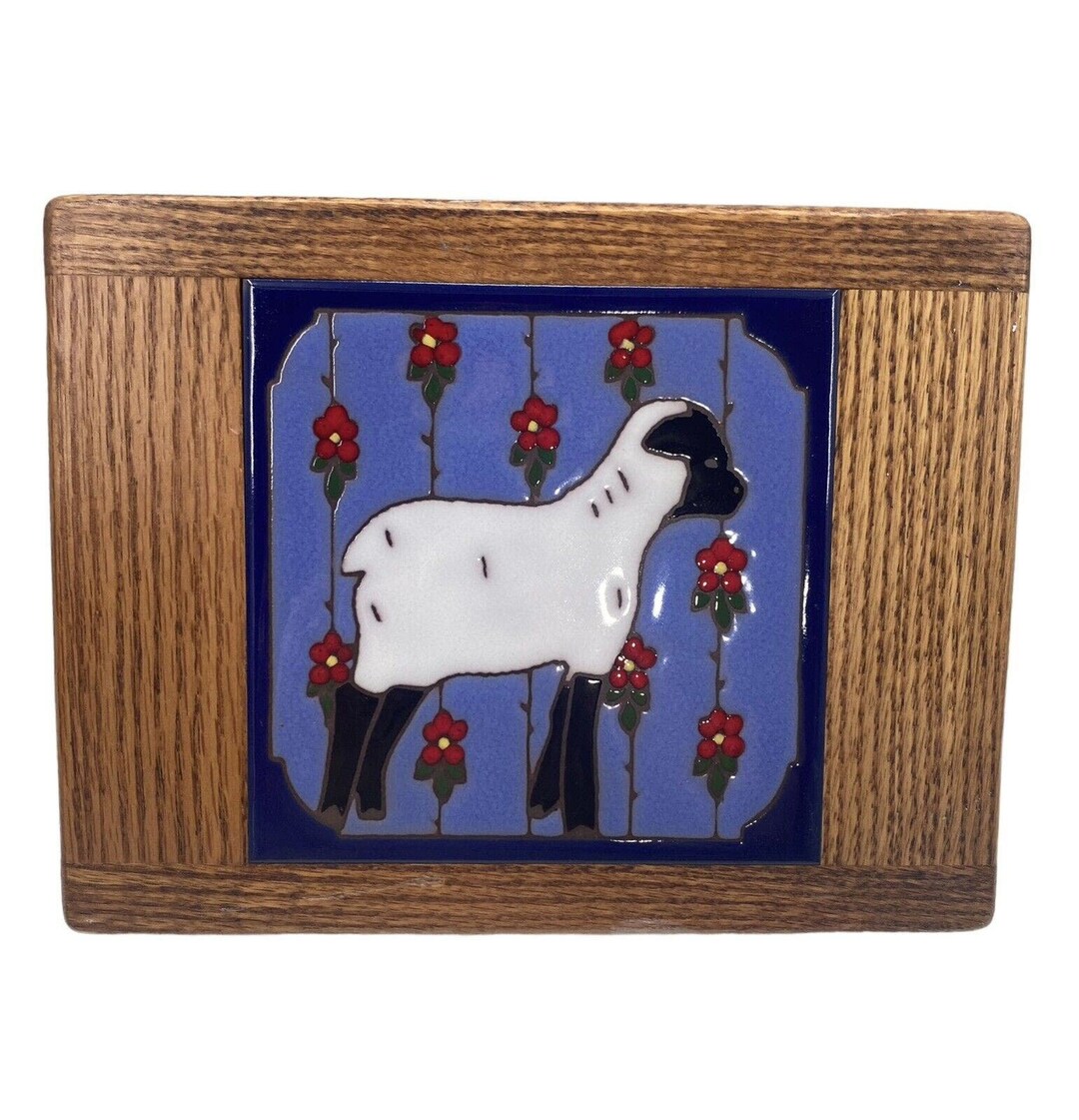 Vintage Lamb Sheep Ceramic Tile Wood Trivet Plaque Hotplate Kitchen ...