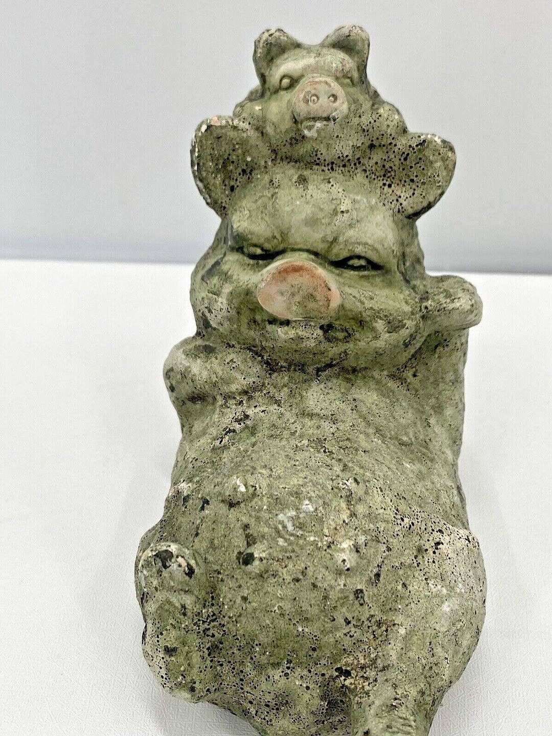 Pig Piglet Mama Sow Pig W/ Baby Pig on Back Green Terra Cotta Clay Yard ...