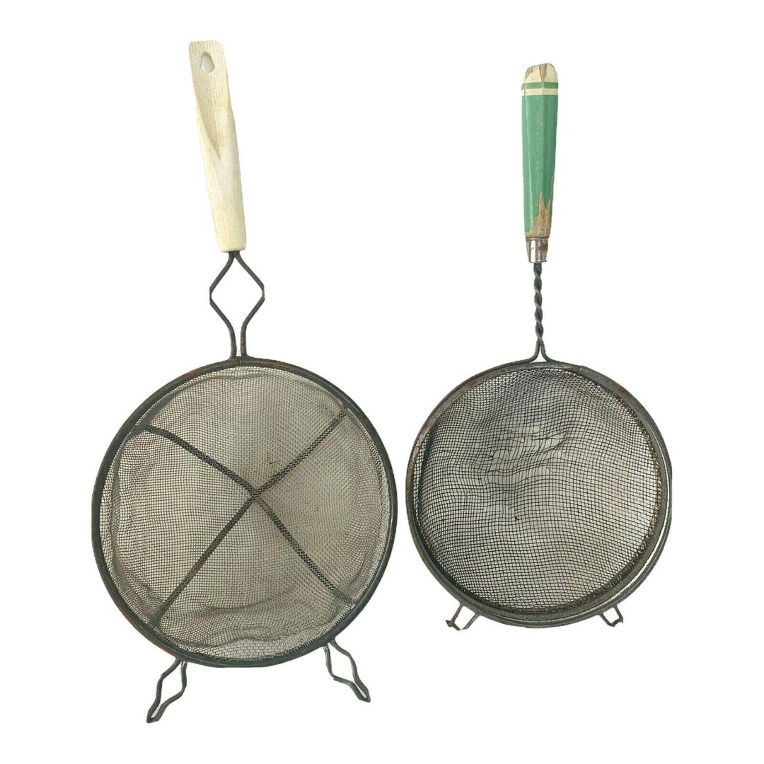 2 Vintage Farmhouse Strainers Rustic Kitchen Mesh Wooden Utensil ...