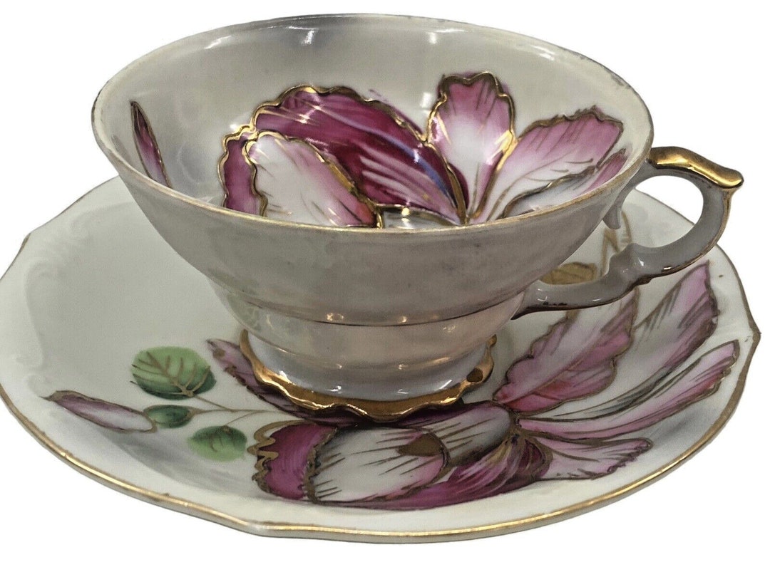 Vintage Saji Fancy China Cup & Saucer Hand Painted Orchid Raised Gold ...