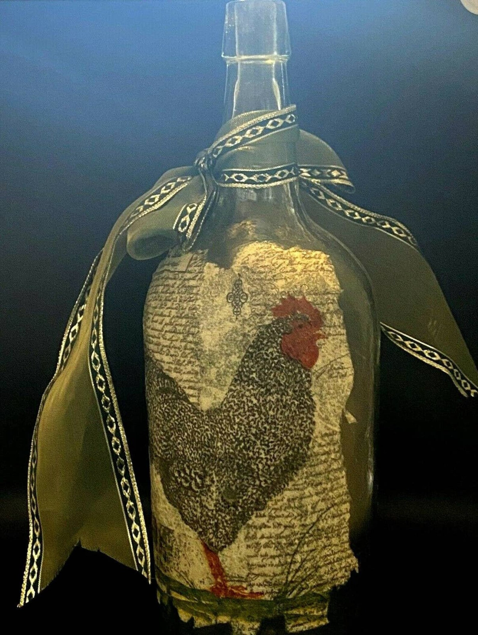 Vintage Decoupage Rooster Bottle Jug Folk Art Country Farmhouse Shabby ...