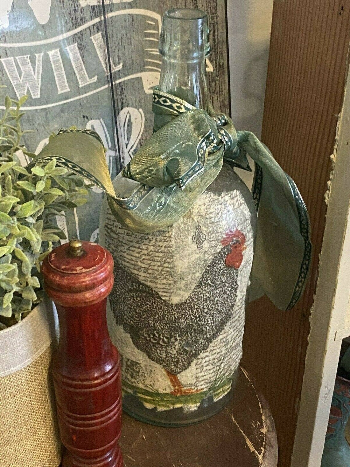 Vintage Decoupage Rooster Bottle Jug Folk Art Country Farmhouse Shabby ...