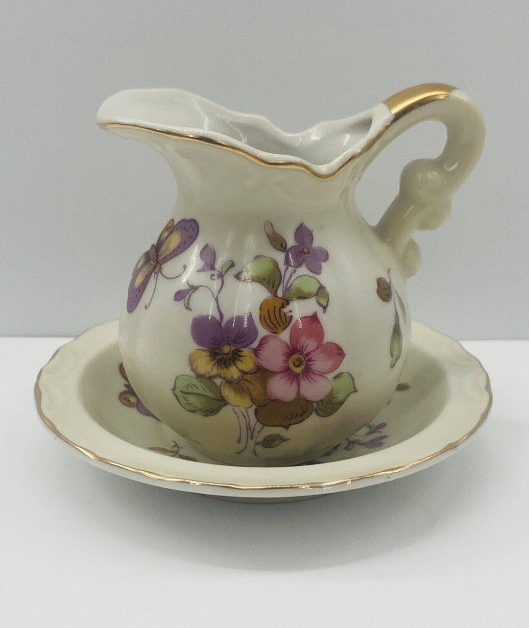 Vintage Mini Lefton Pitcher Basin Bowl Floral Butterfly Pattern 696 ...