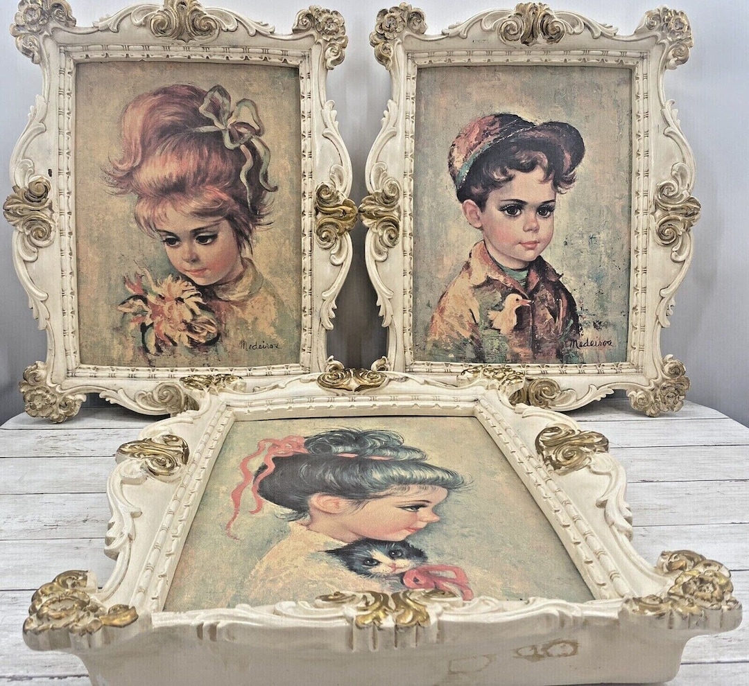 3 Vintage Medeiros MCM Plaster Framed Lithographs Honeybun Huck Finn ...