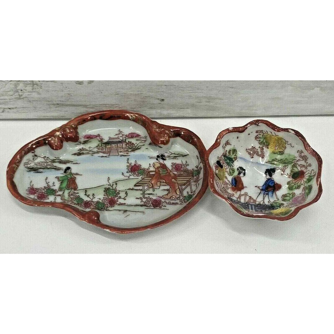 2 Vintage Small Asian Geisha Girl Porcelain Trinket Dishes Decorative ...