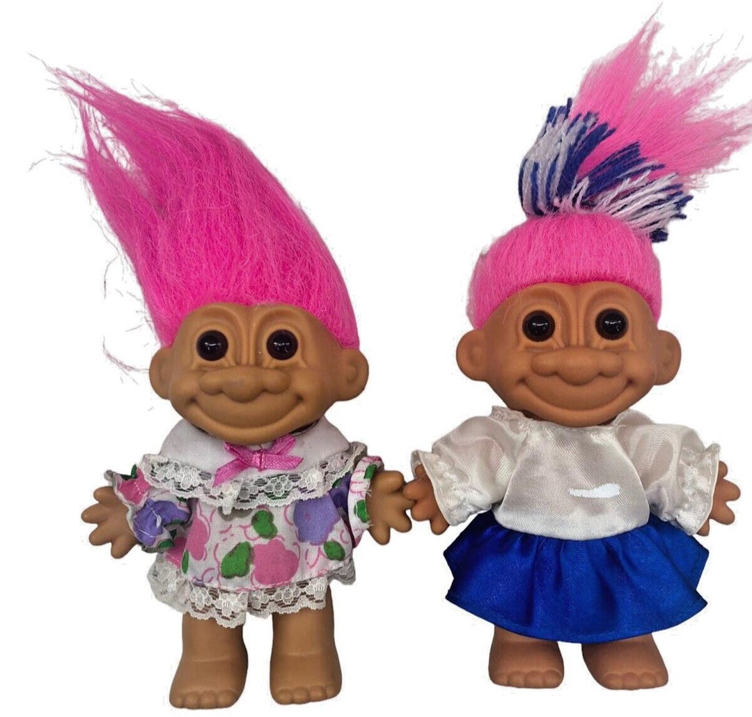 Russ Cheerleader and Floral Outfit TROLL DOLLS Pink Hair Vintage Set of ...