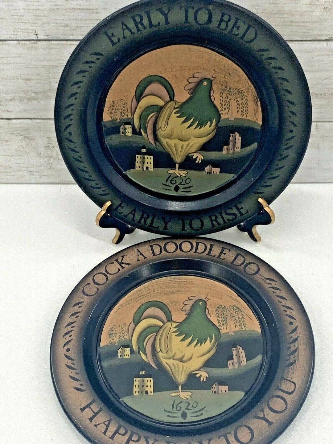 Rustic Country Set of 2 Wood Rooster Round Hanging Wall Plaques Signs ...