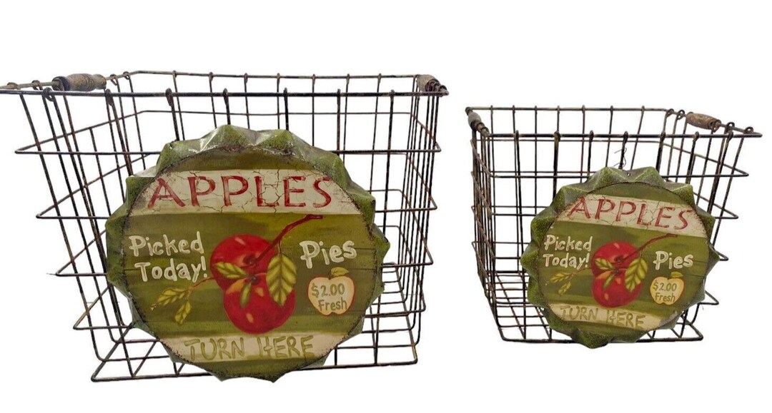 Vintage Metal Wire Locker Baskets Apple Pie Farmhouse Storage Set of 2 ...