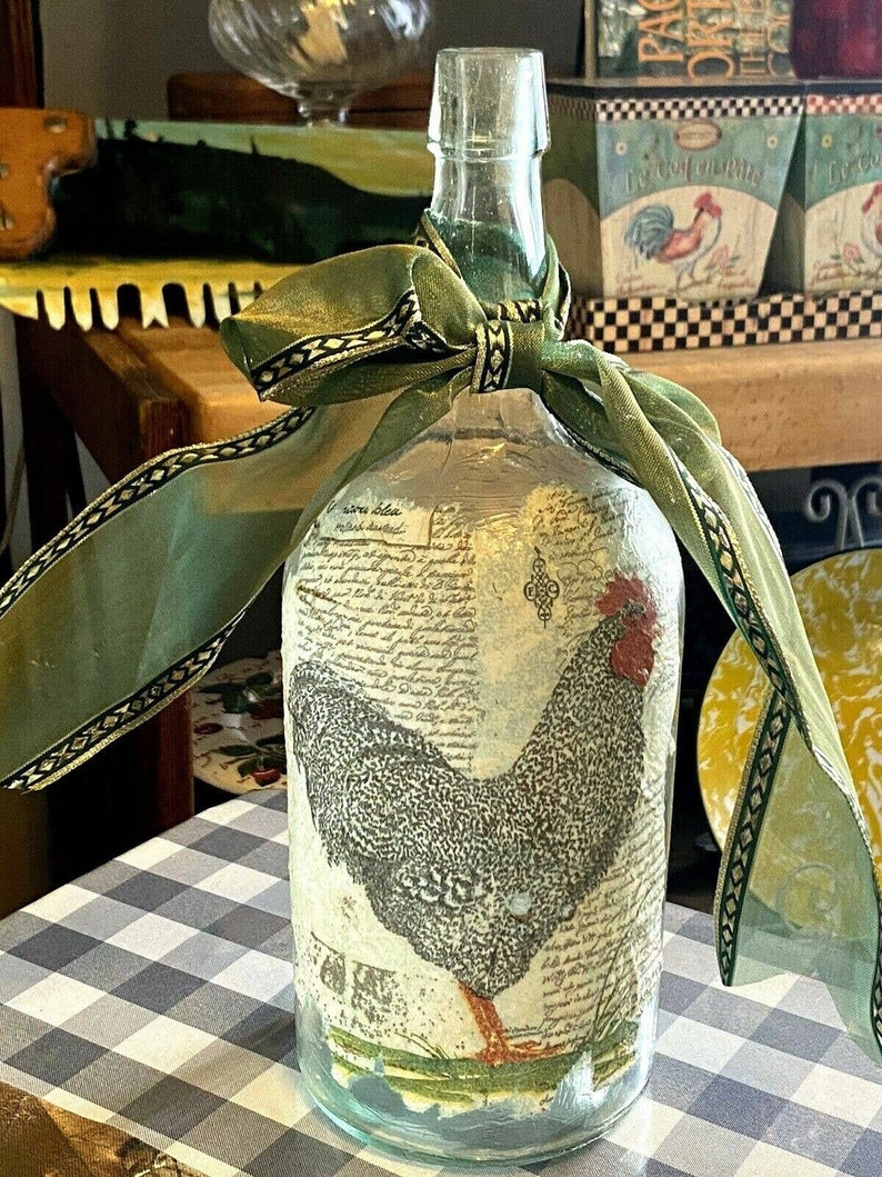 Vintage Decoupage Rooster Bottle Jug Folk Art Country Farmhouse Shabby ...