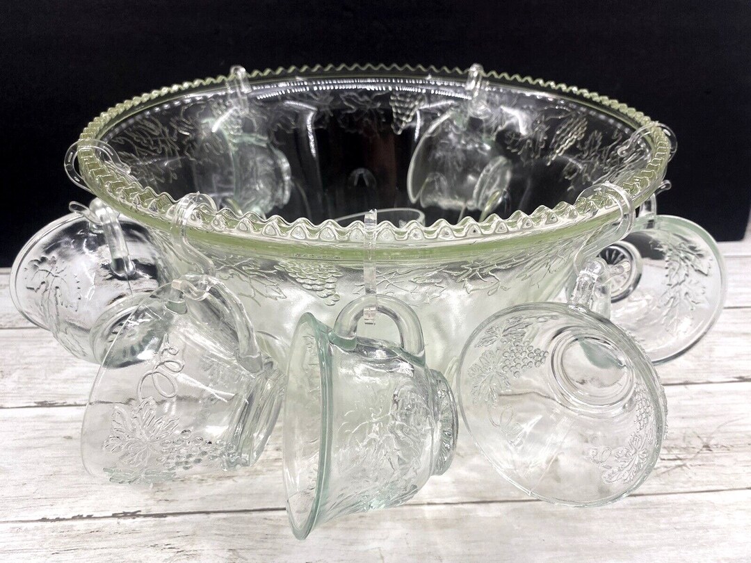 Vintage MCM Indiana Green Tinted Glass Princess PUNCH BOWL Set Harvest ...