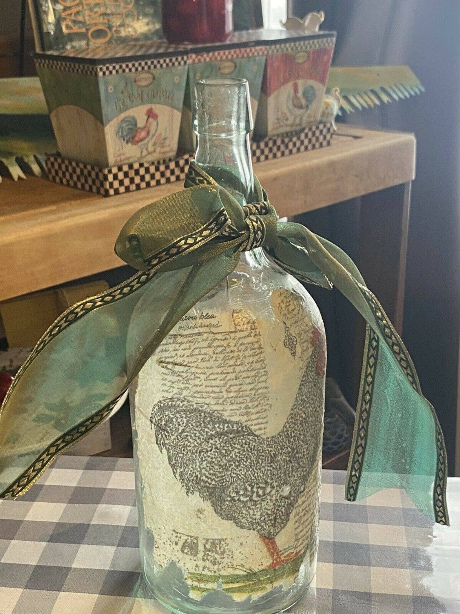 Vintage Decoupage Rooster Bottle Jug Folk Art Country Farmhouse Shabby ...