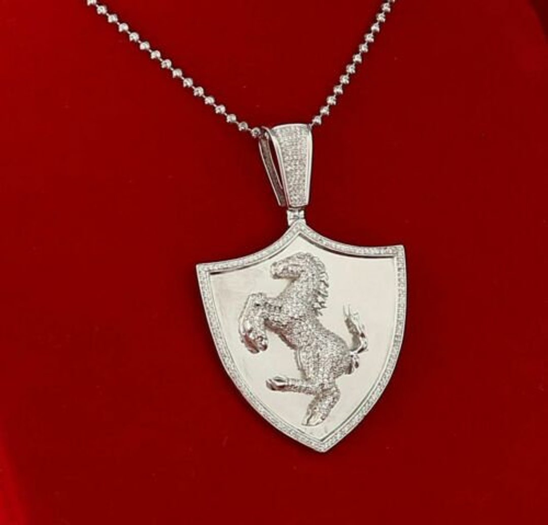 White 925 Sterling Silver Horse Shield Shape Pendant With 4.44ct Cubic ...