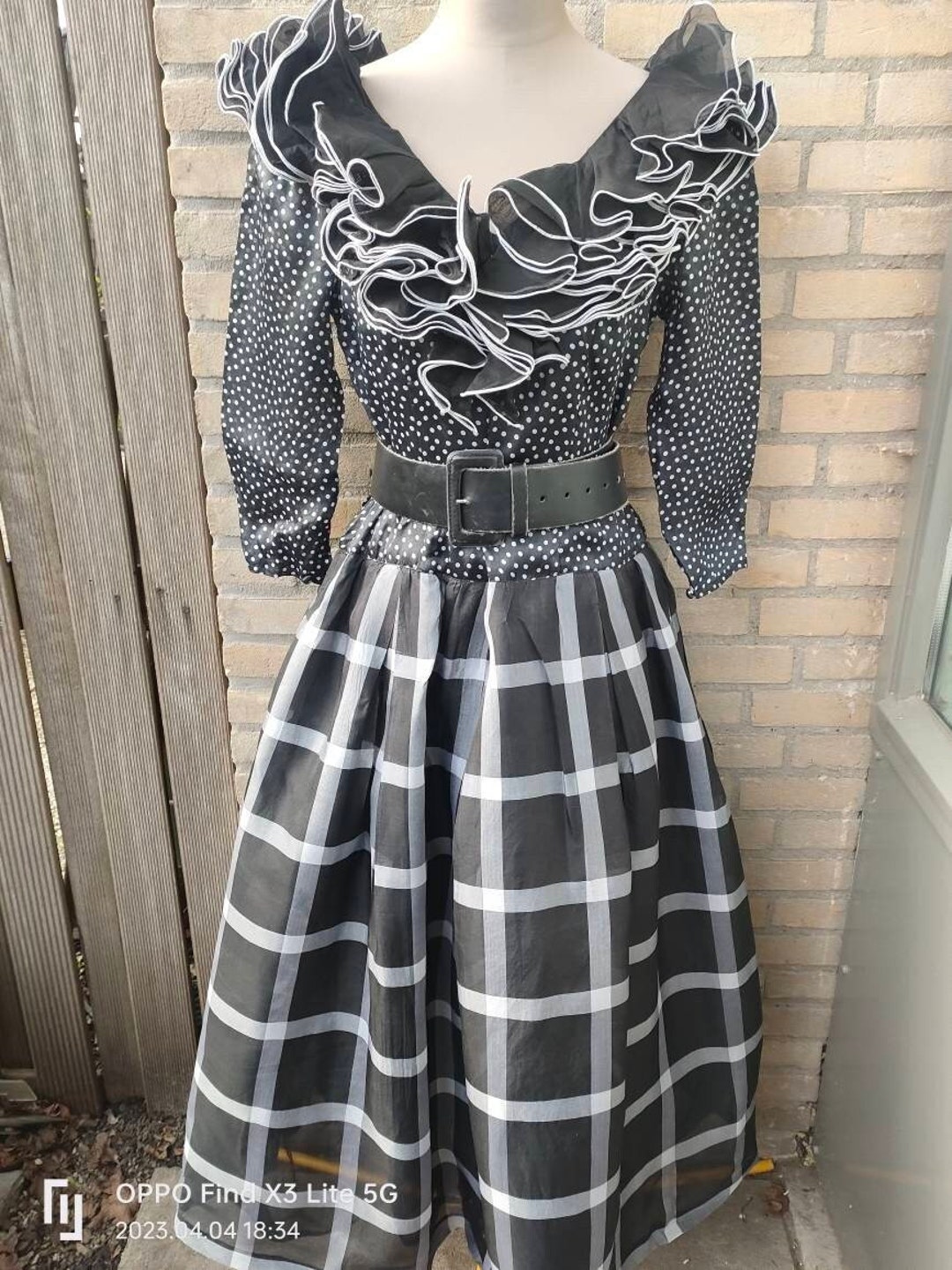 Vintage Yvette One of a Kind Black and White Polka Dot Checkered Ruffle ...