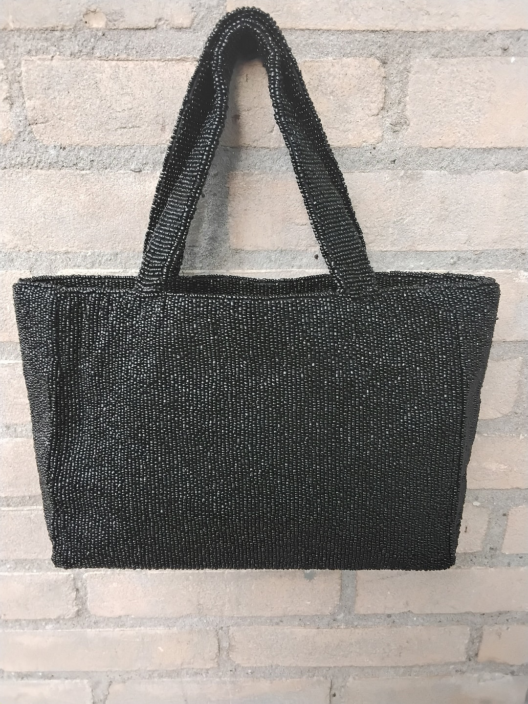 Vintage Black Beaded Quare Two Short Handle Purse Handbag Evening Top Handle Satchel Coach Bag ...