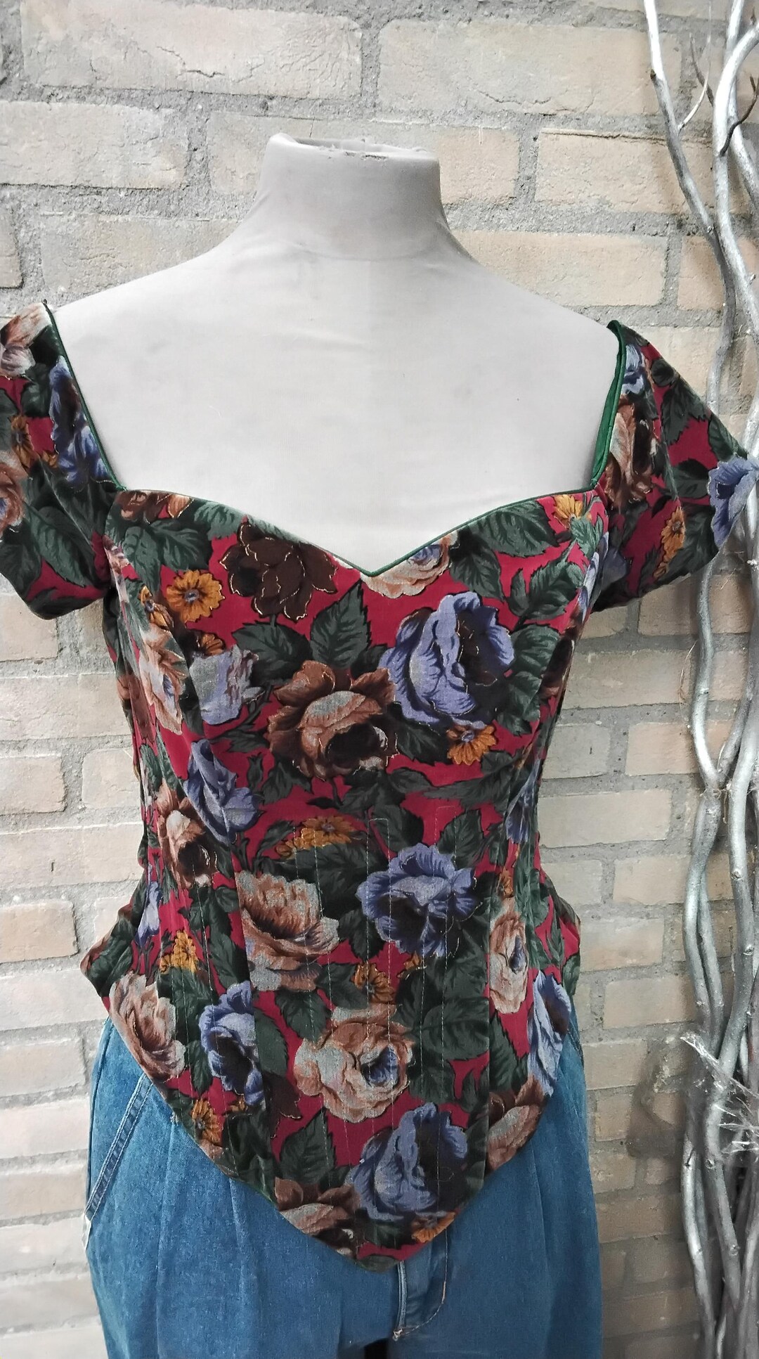 Vintage Colorful Floral Velvet Corset Top off Shoulder Bustiertapesstry ...
