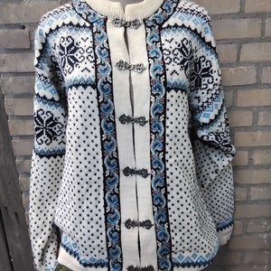 Nordstrikk Vintage Fair Isle Knitted White Bleu Cardigan, Nordic Unisex, Skybleu Wool Sweater ...