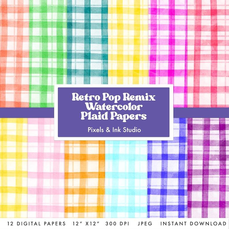 Retro Pop Remix Plaid Digital Paper -watercolor Plaid Digital Scrapbook ...