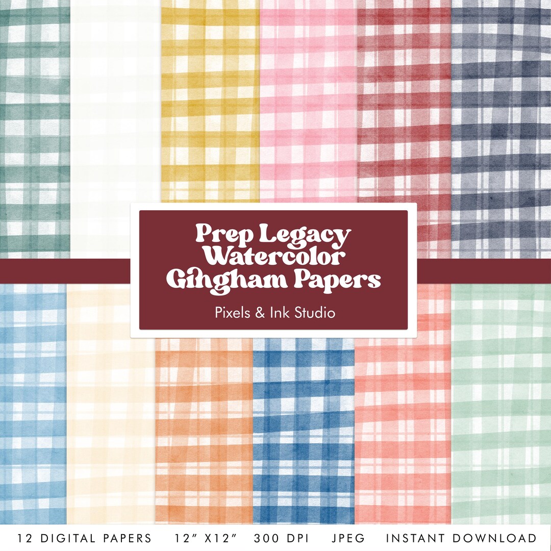 Preppy Watercolor Gingham Digital Paper - Gingham Digital Scrapbook ...
