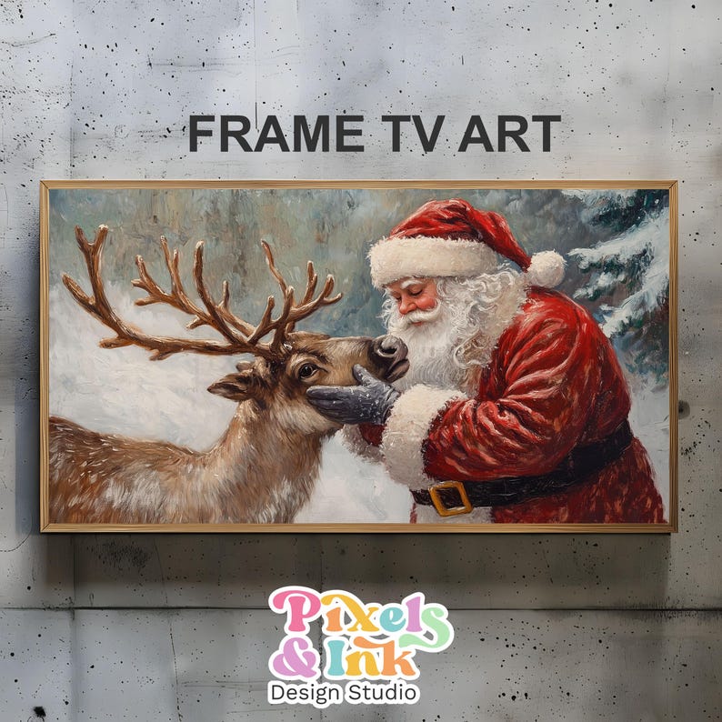 Santa TV Art | Santa Petting Reindeer TV Art | Frame TV Art | Holiday ...