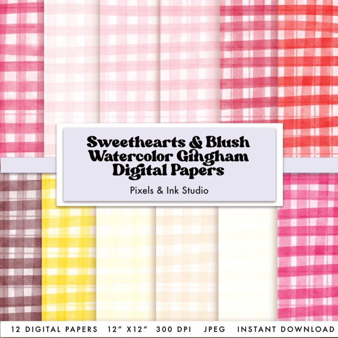 Sweethearts & Blush Gingham Digital Paper - Watercolor Digital ...