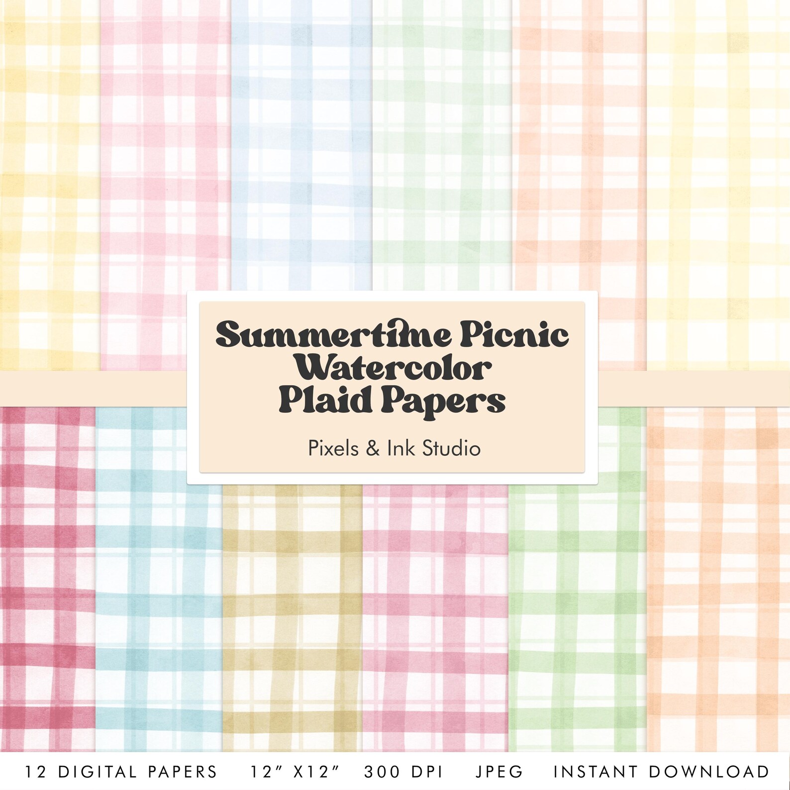 Summertime Picnic Painted Plaid Digital Paper - Watercolor Plaid ...