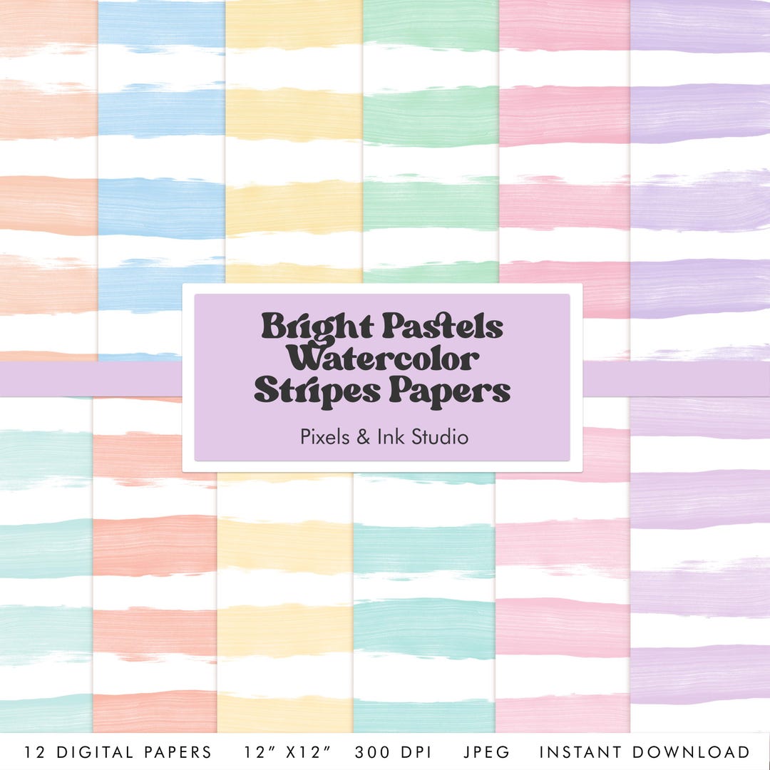 Pastel Stripes Digital Paper - Watercolor Digital Scrapbook Paper ...