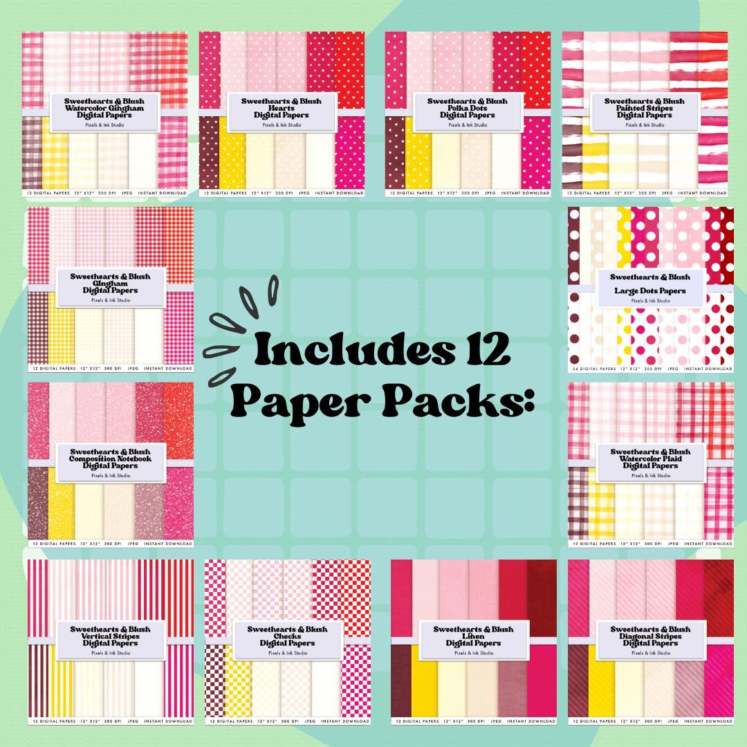 Sweethearts & Blush Digital Paper Bundle – 12 Valentine Scrapbook ...