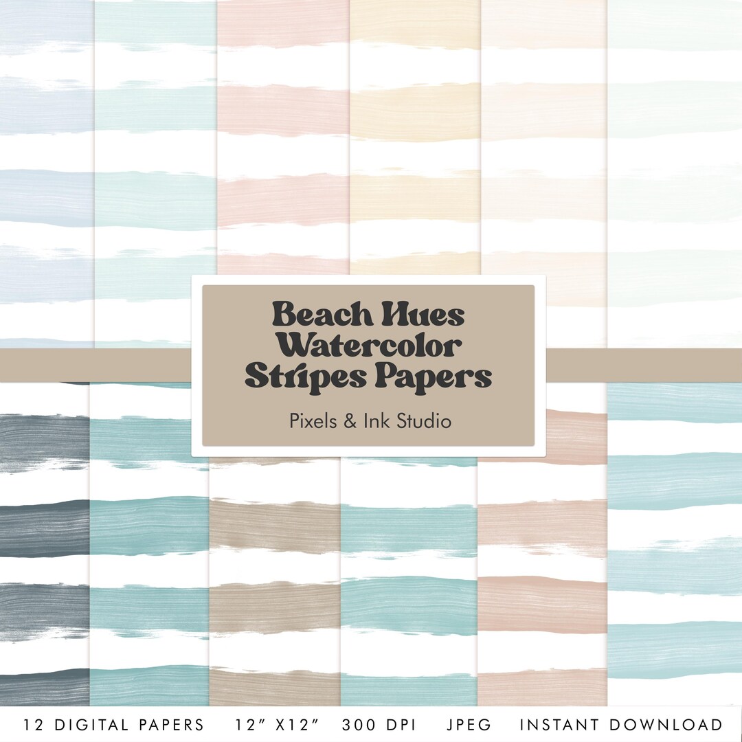 Beach Hues Stripes Digital Paper - Watercolor Stripes Digital Scrapbook ...