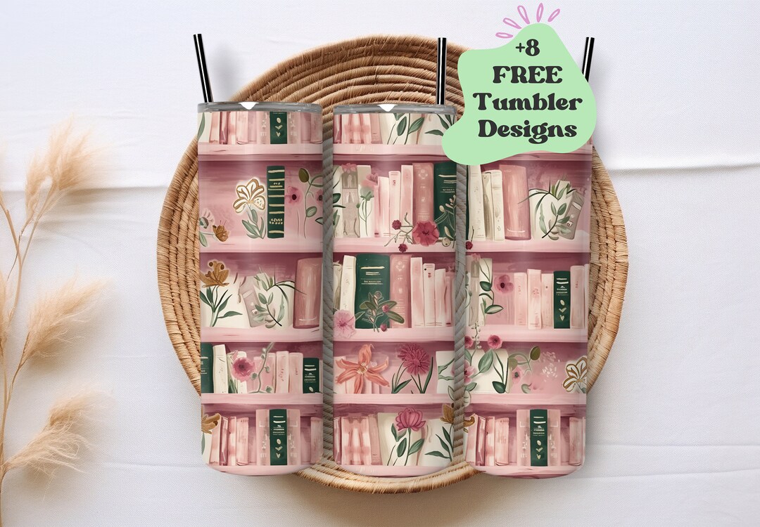 Pink Books and Flowers Tumbler Wrap Png | Bookshelf Tumbler Wrap | Book ...