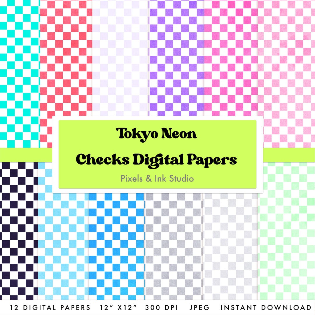 Tokyo Neon Checkered Digital Paper: Cyberpunk Scrapbook (digital ...