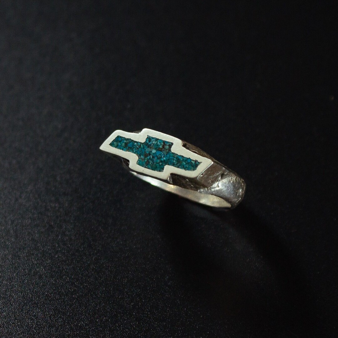 Chevy Bowtie Inlay Ring Chevrolet Logo on Simple Comfort Band Turquoise ...